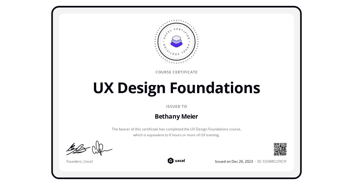 Certificate of completion for UX Design Foundations | Uxcel