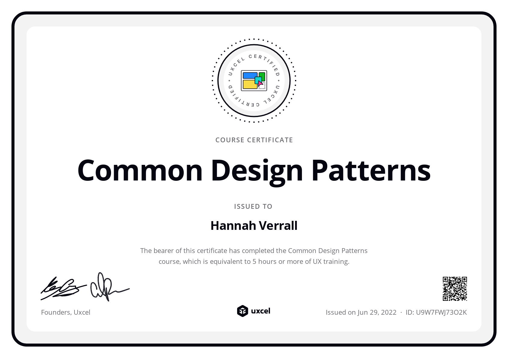 Certificate of completion for Common Design Patterns | Uxcel