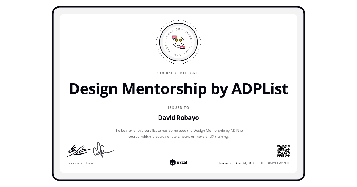Certificate of completion for Mentorship Mastery | Uxcel