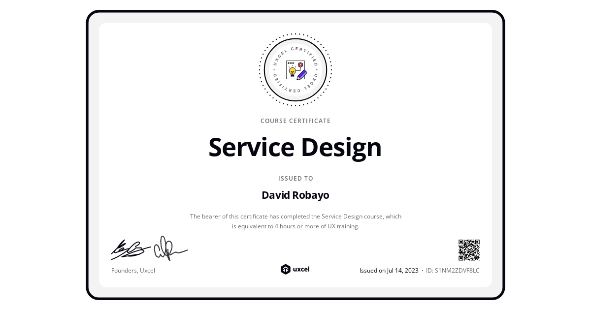 Certificate of completion for Service Design | Uxcel