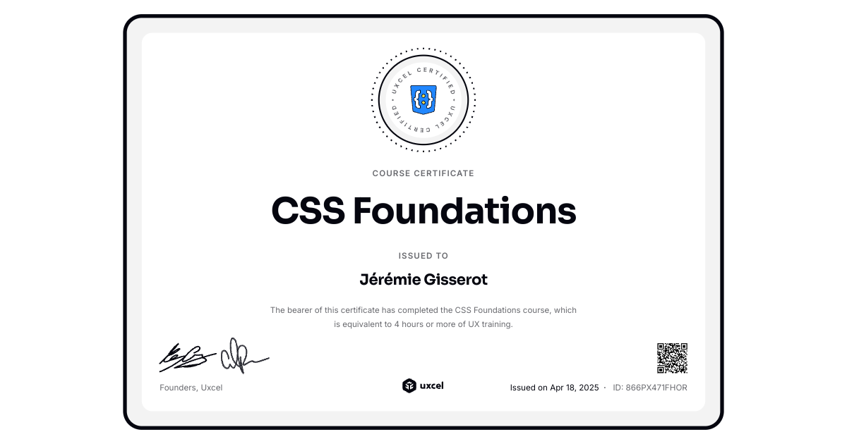 Certificate of completion for CSS Foundations | Uxcel