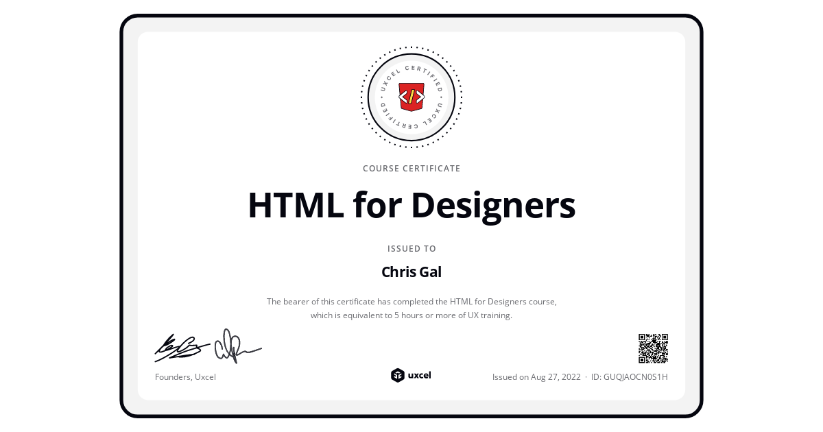 Certificate of completion for HTML Foundations | Uxcel