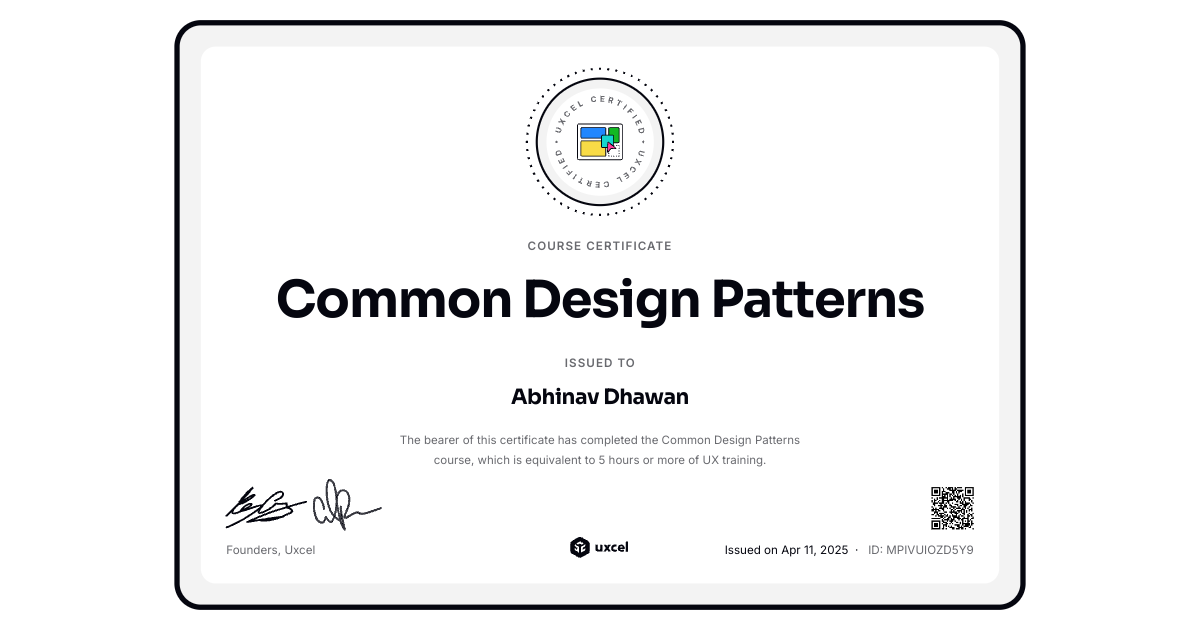 Certificate of completion for Common Design Patterns | Uxcel