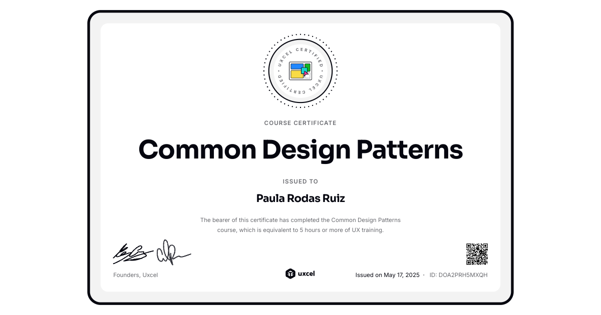 Certificate of completion for Common Design Patterns | Uxcel