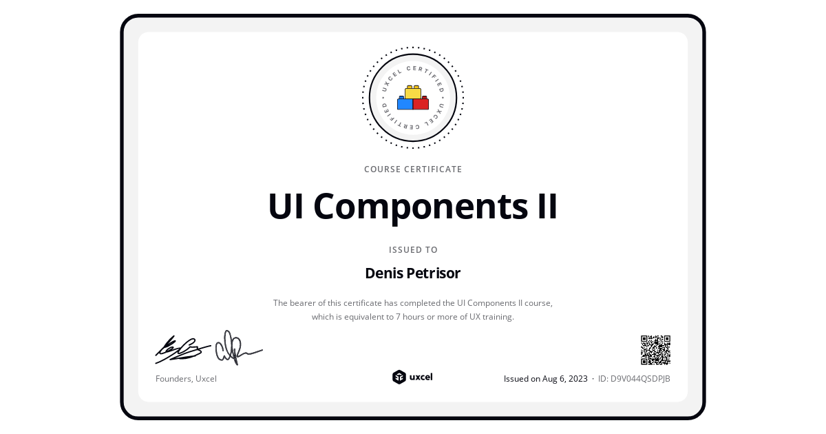 Certificate of completion for UI Components II | Uxcel