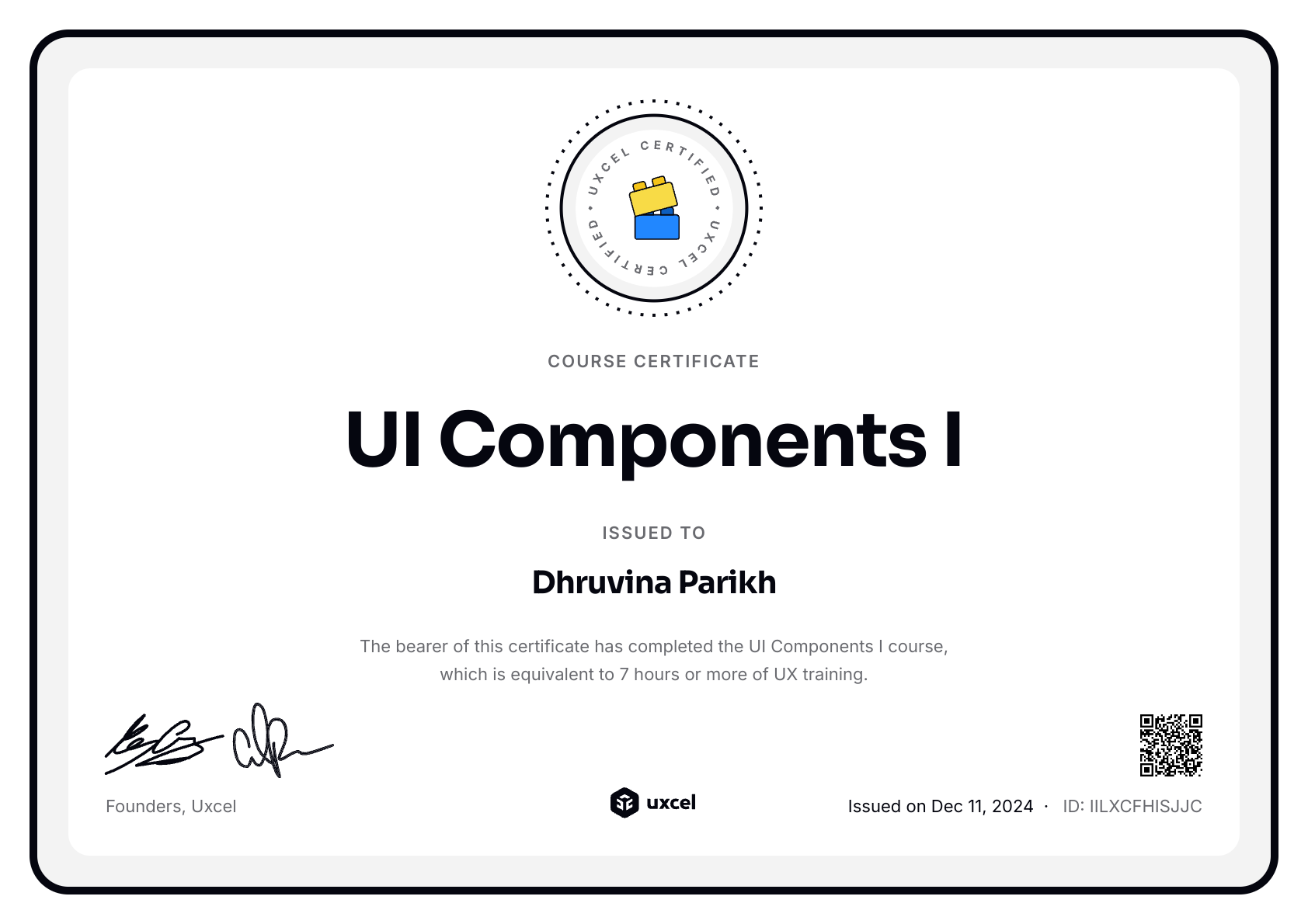 Certificate of completion for UI Components I | Uxcel