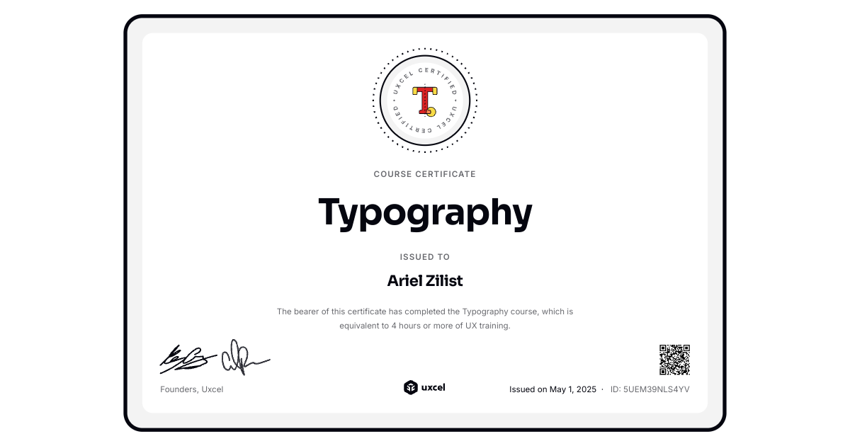 Certificate of completion for Typography | Uxcel
