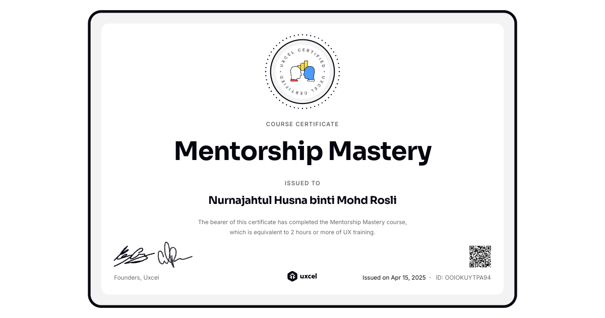 Certificate of completion for Mentorship Mastery | Uxcel