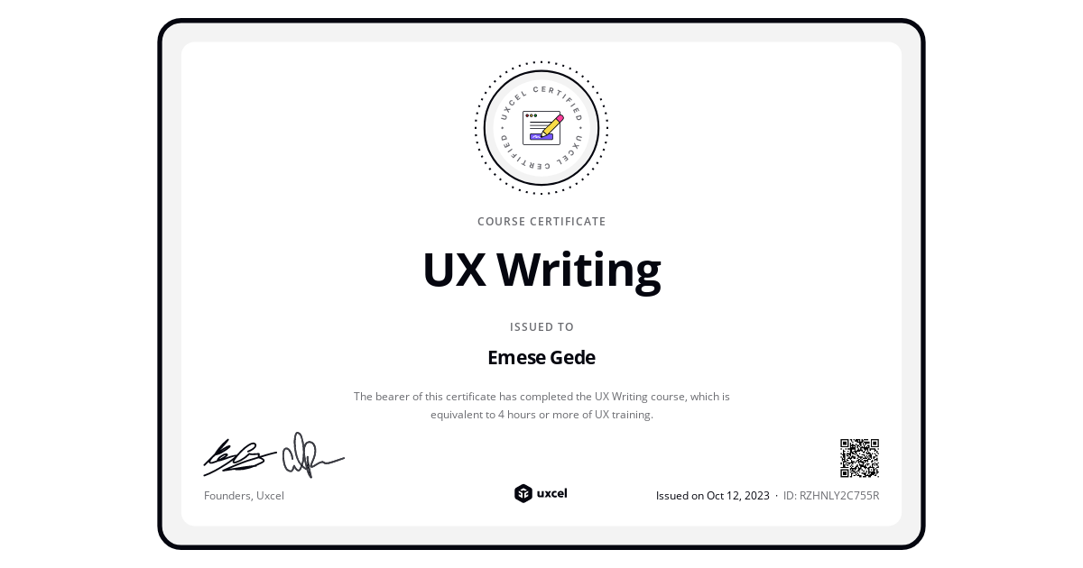 Uxcel Course Certificate of Completion | Uxcel