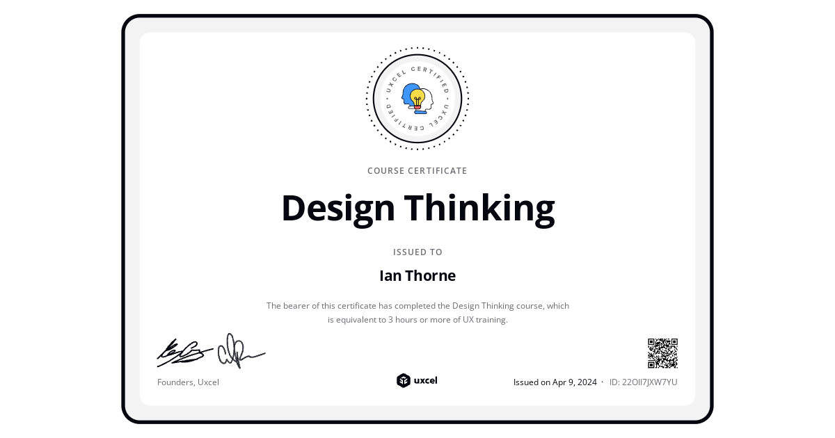 Certificate of completion for Design Thinking | Uxcel