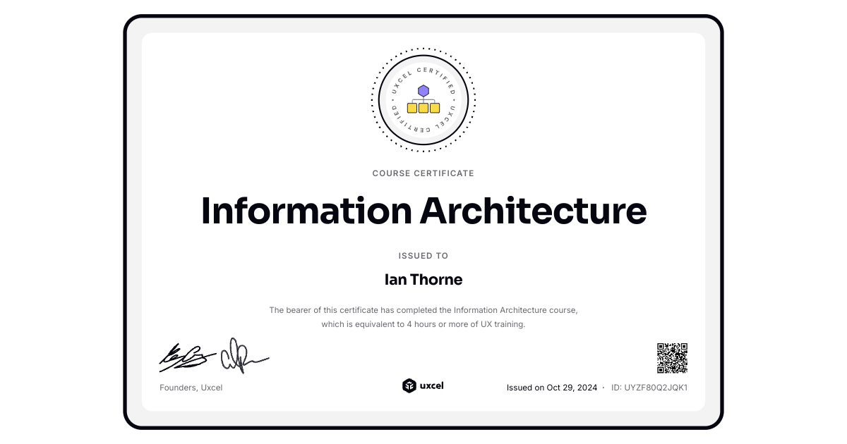 Certificate of completion for Information Architecture | Uxcel