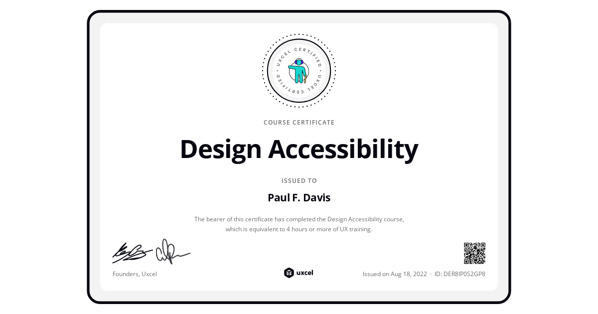 Certificate of completion for Accessibility Foundations | Uxcel
