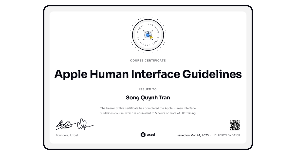 Certificate of completion for Apple Human Interface Guidelines | Uxcel
