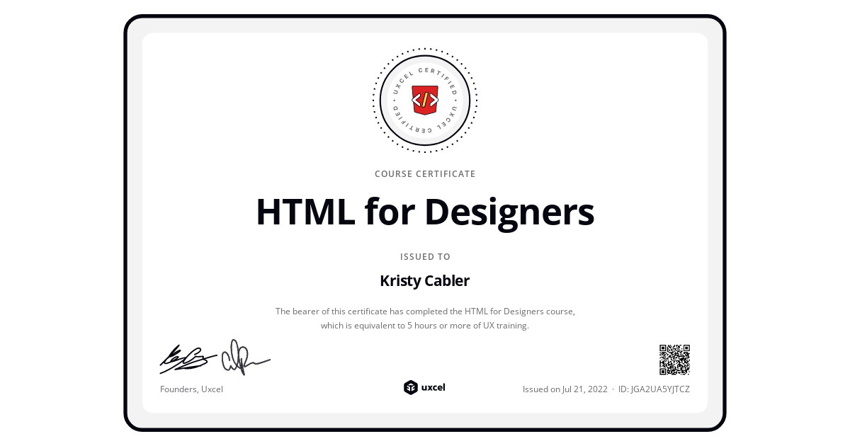 Certificate of completion for HTML Foundations | Uxcel