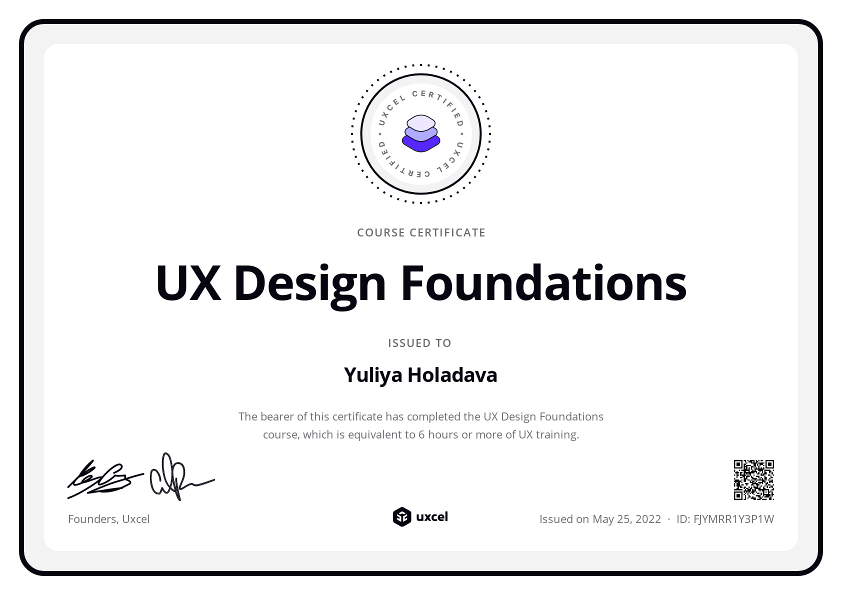 Certificate of completion for UX Design Foundations | Uxcel