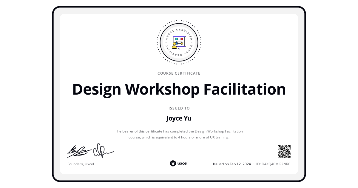 Certificate of completion for Workshop Facilitation | Uxcel