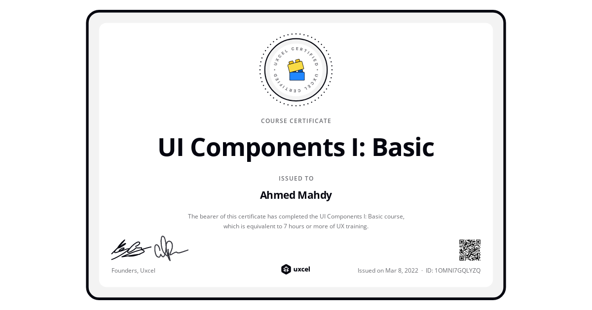 Certificate of completion for UI Components I | Uxcel