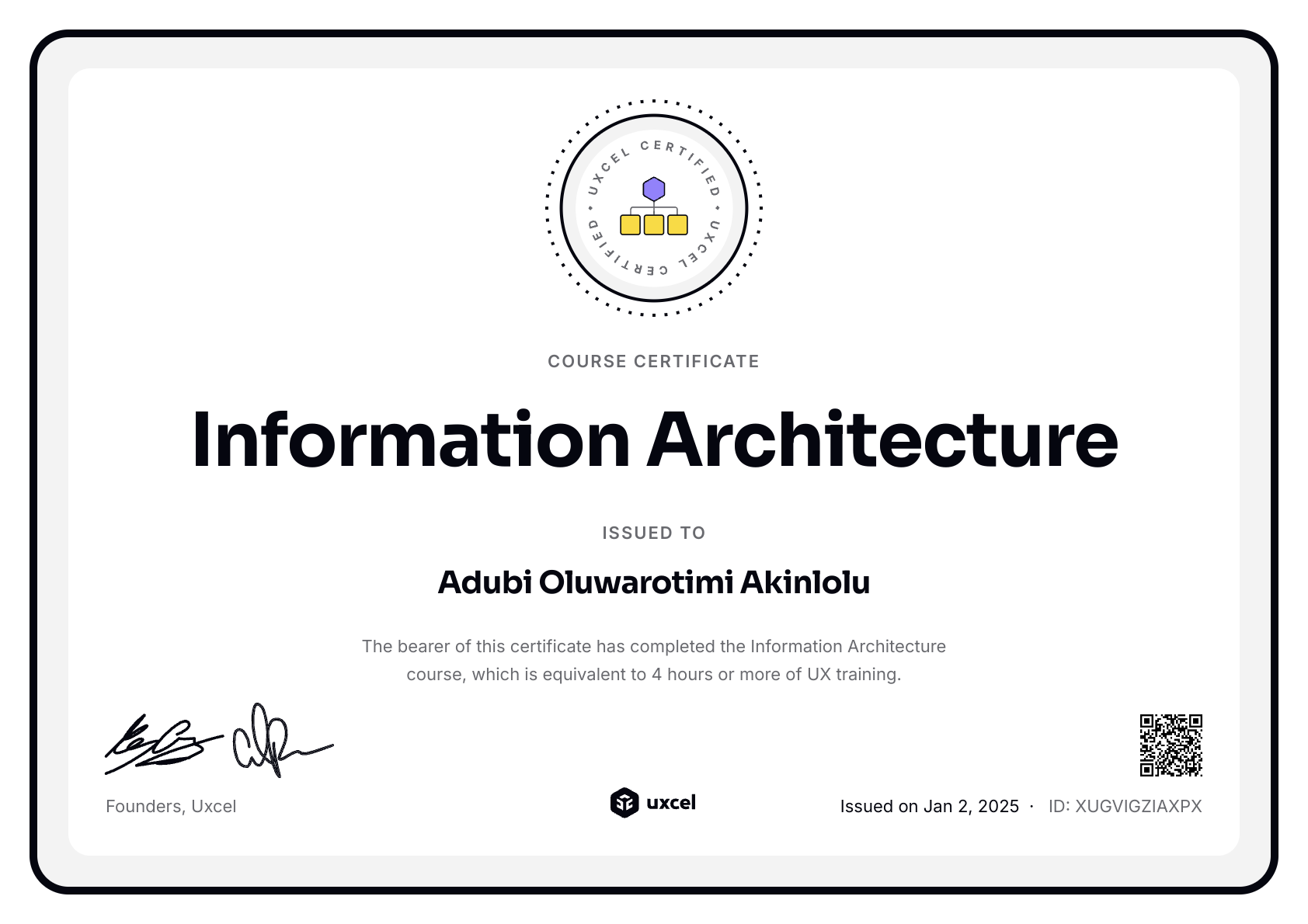 Certificate of completion for Information Architecture | Uxcel