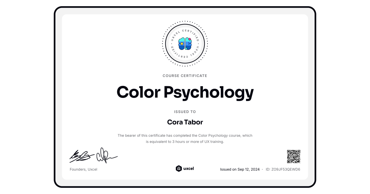 Certificate of completion for Color Psychology | Uxcel