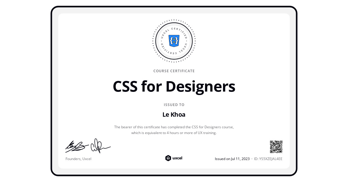 Certificate of completion for CSS Foundations | Uxcel