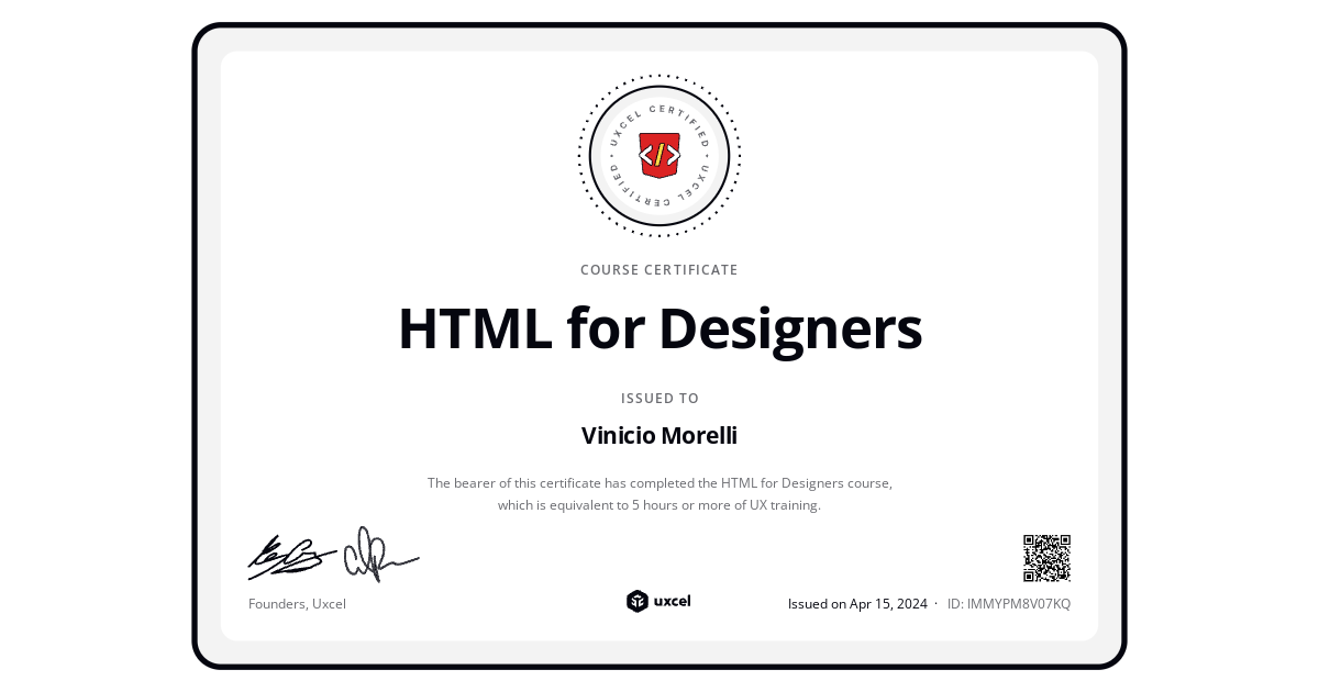 Certificate of completion for HTML Foundations | Uxcel