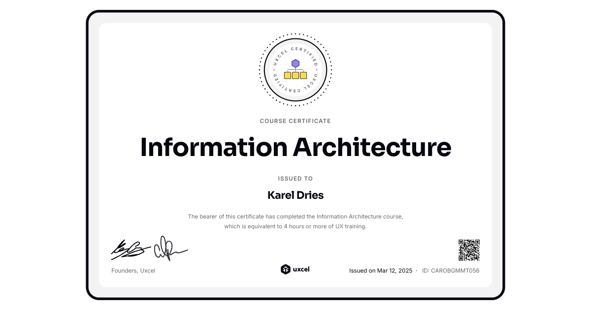 Certificate of completion for Information Architecture | Uxcel