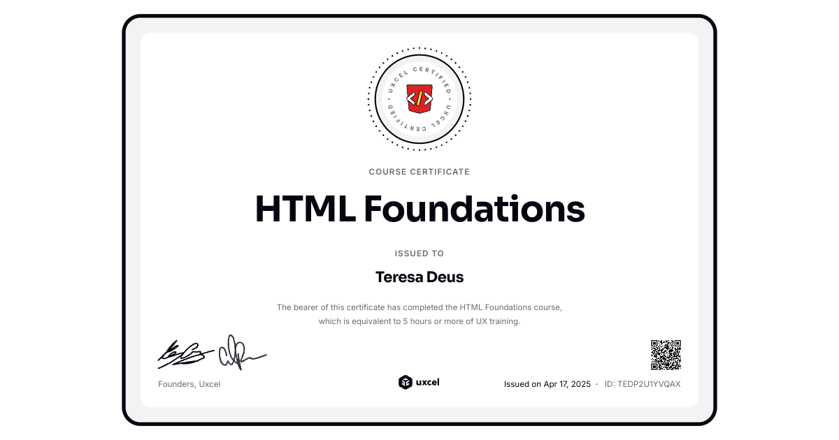 Certificate of completion for HTML Foundations | Uxcel