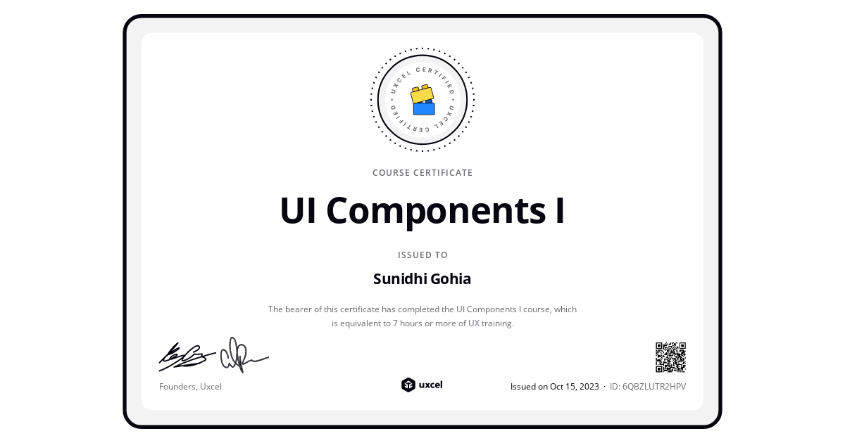Certificate of completion for UI Components I | Uxcel