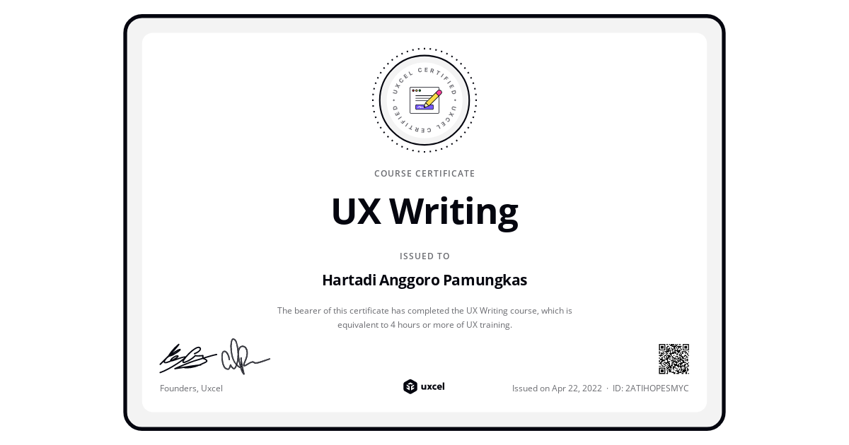 Certificate of completion for UX Writing | Uxcel