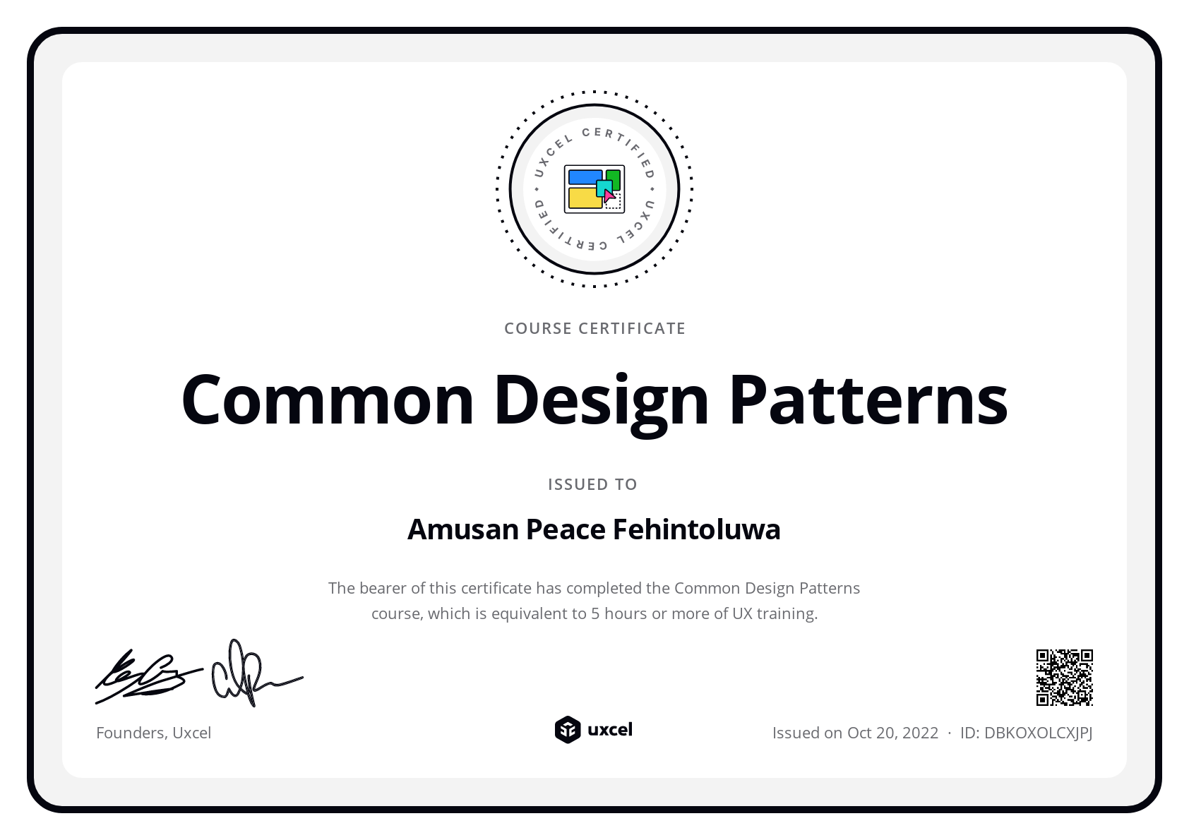 Certificate of completion for Common Design Patterns | Uxcel