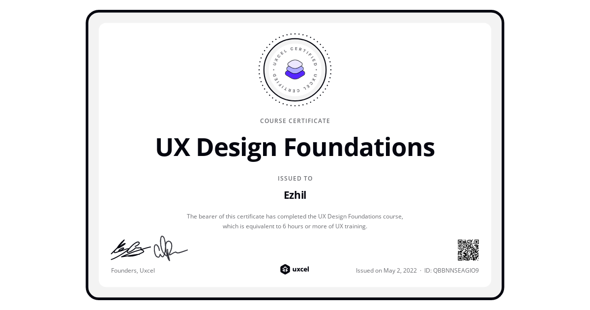 Certificate of completion for UX Design Foundations | Uxcel