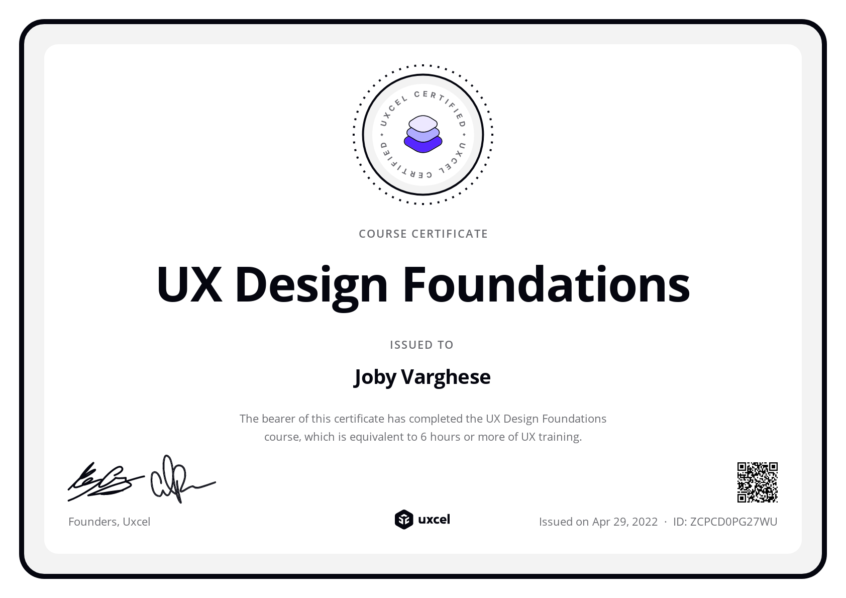 Certificate of completion for UX Design Foundations | Uxcel