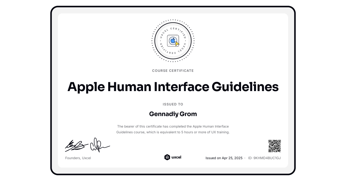 Certificate of completion for Apple Human Interface Guidelines | Uxcel