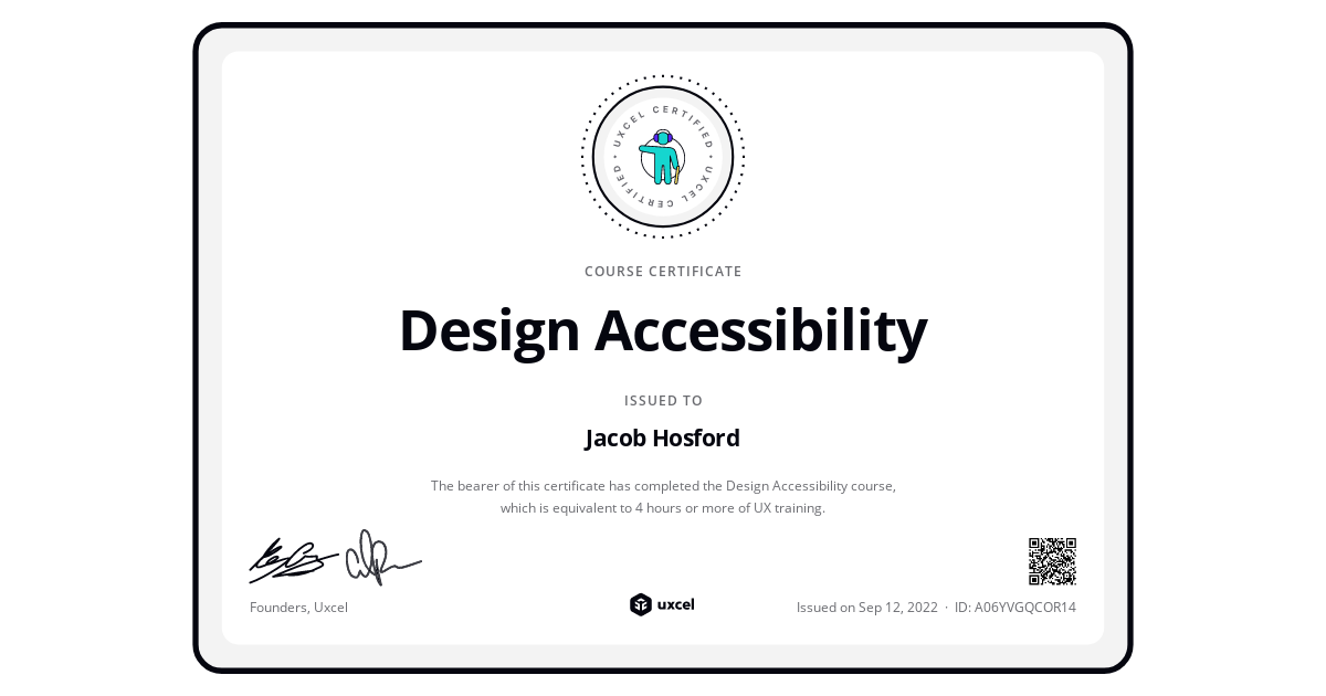 Certificate of completion for Accessibility Foundations | Uxcel