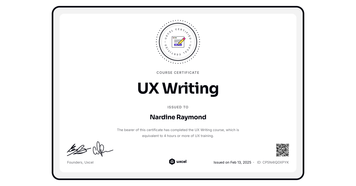Certificate of completion for UX Writing | Uxcel
