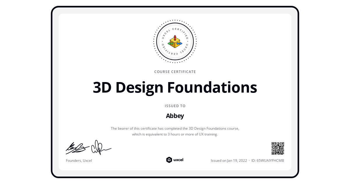 Certificate of completion for 3D Design Foundations | Uxcel
