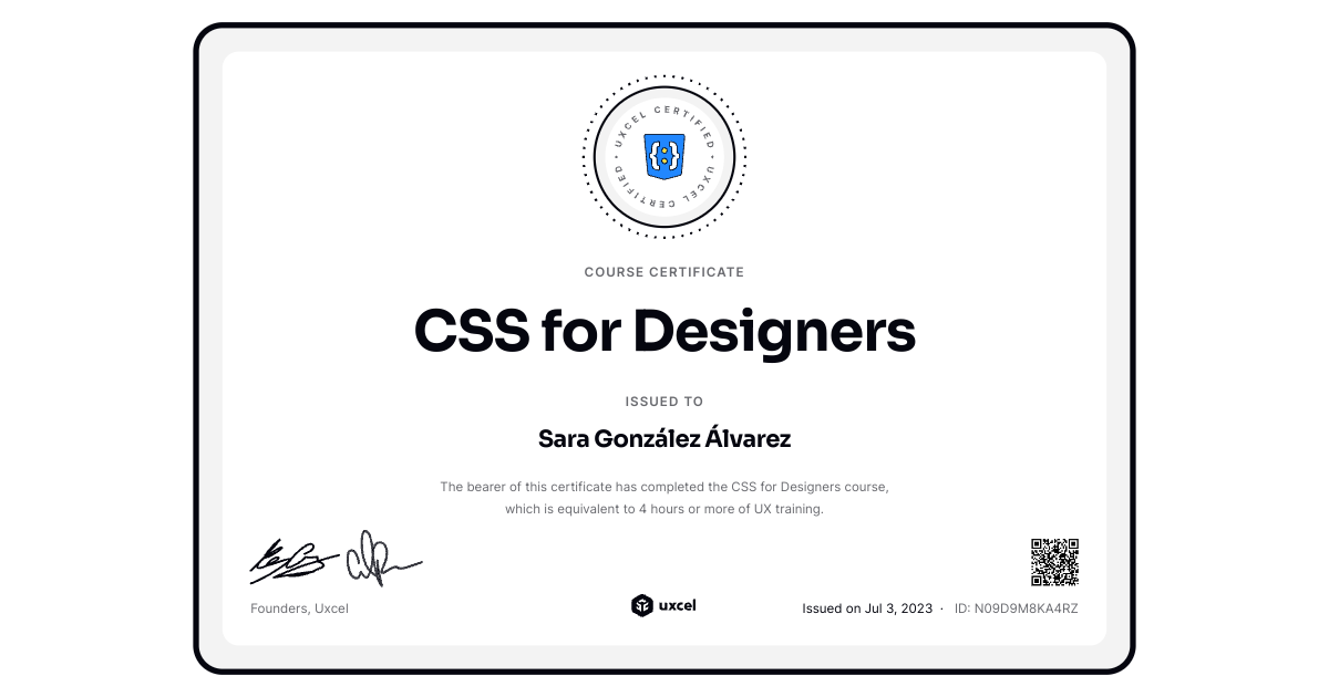 Certificate of completion for CSS Foundations | Uxcel