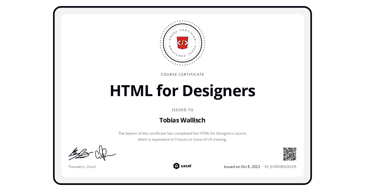 Certificate of completion for HTML Foundations | Uxcel