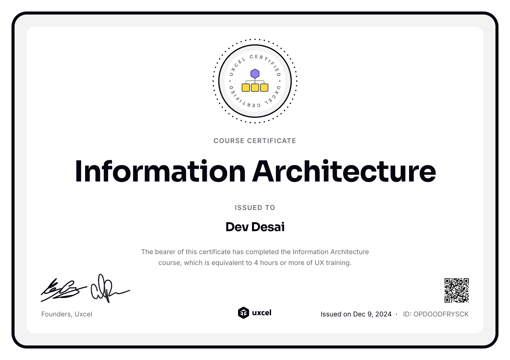 Certificate of completion for Information Architecture | Uxcel