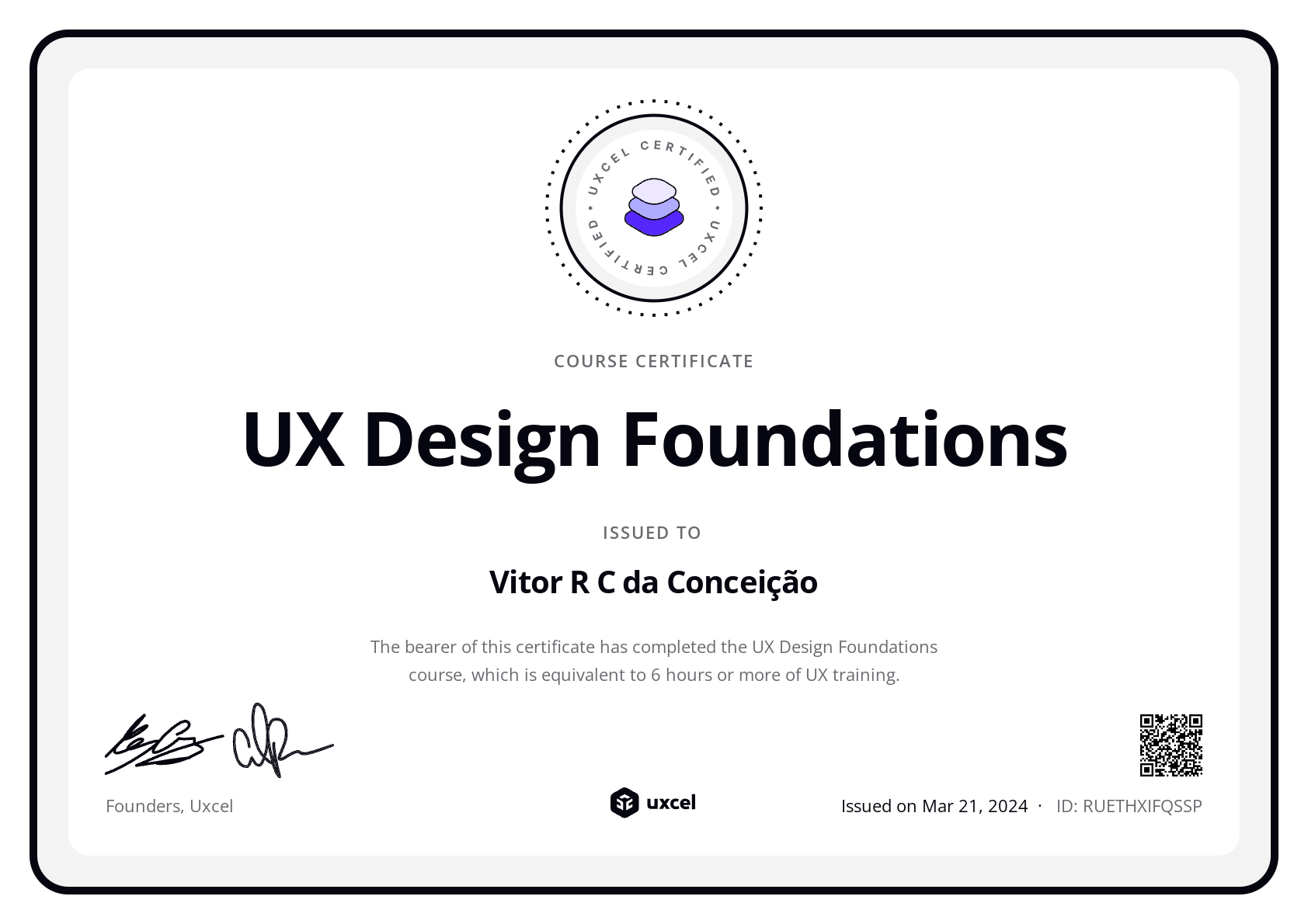 Certificate of completion for UX Design Foundations | Uxcel