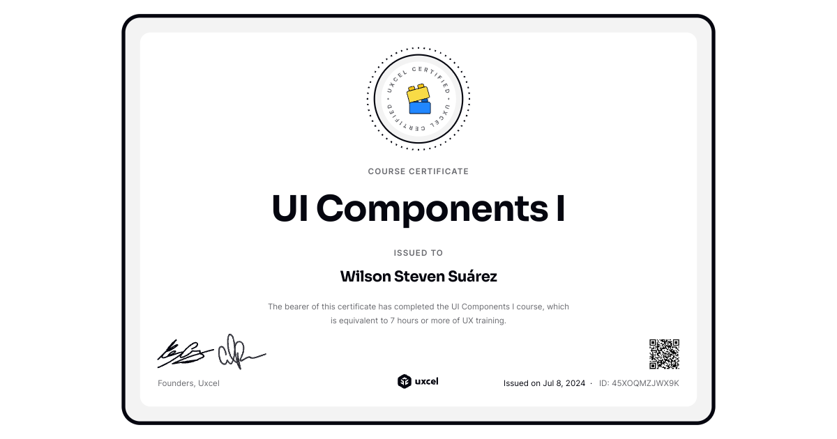 Certificate of completion for UI Components I | Uxcel
