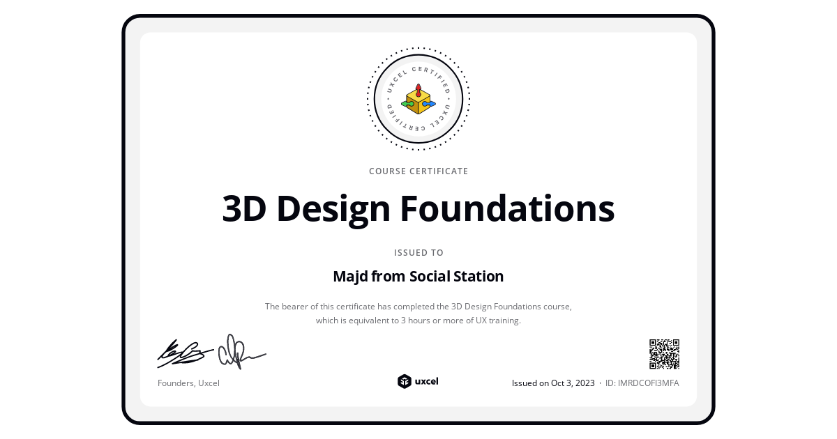 Certificate of completion for 3D Design Foundations | Uxcel