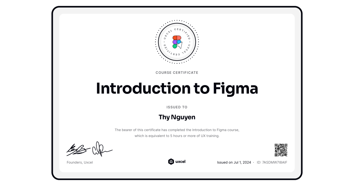 Certificate of completion for Introduction to Figma | Uxcel