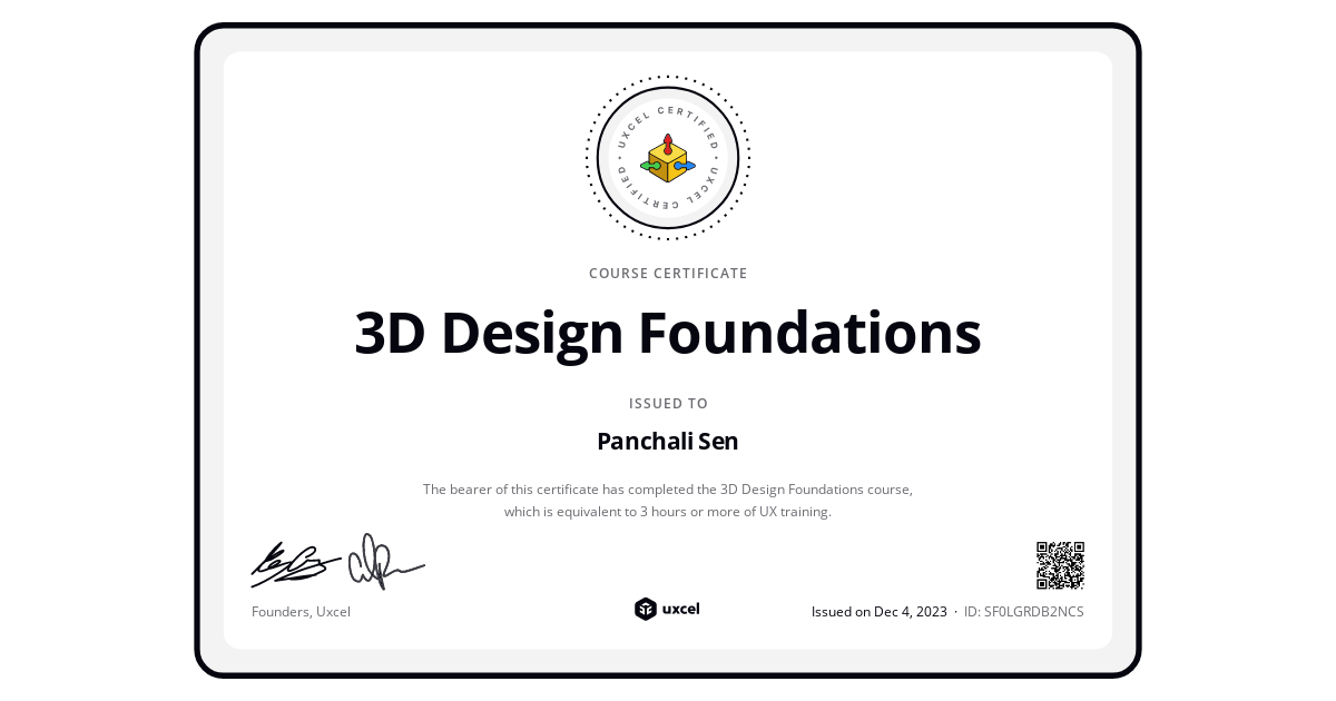 Certificate of completion for 3D Design Foundations | Uxcel