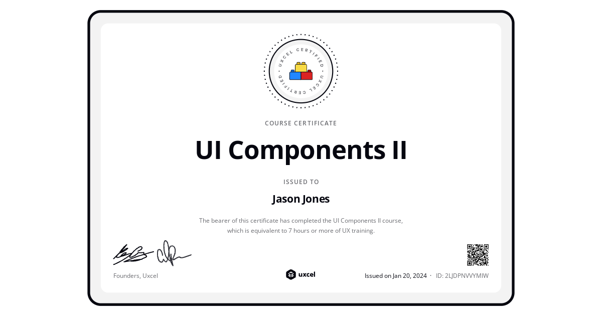 Certificate of completion for UI Components II | Uxcel