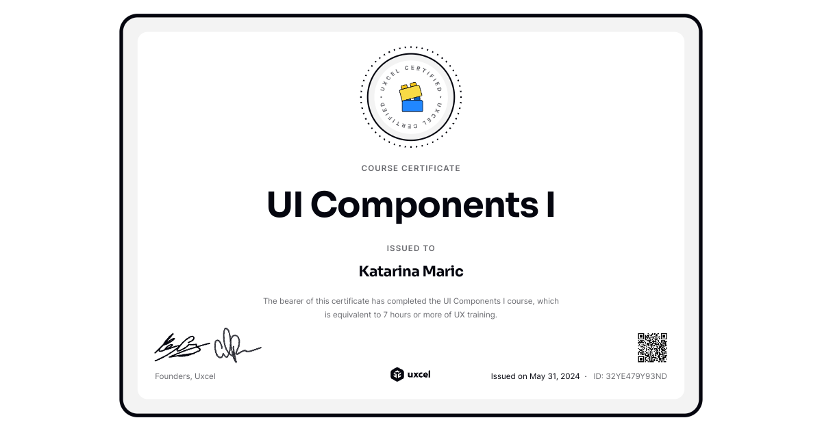 Certificate of completion for UI Components I | Uxcel
