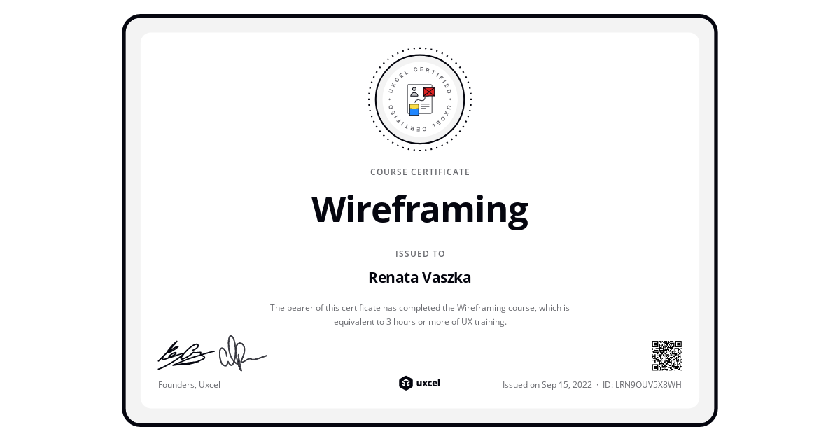 Certificate of completion for Wireframing | Uxcel