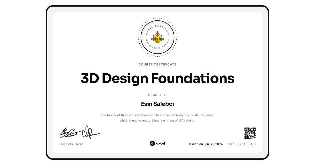 Certificate of completion for 3D Design Foundations | Uxcel