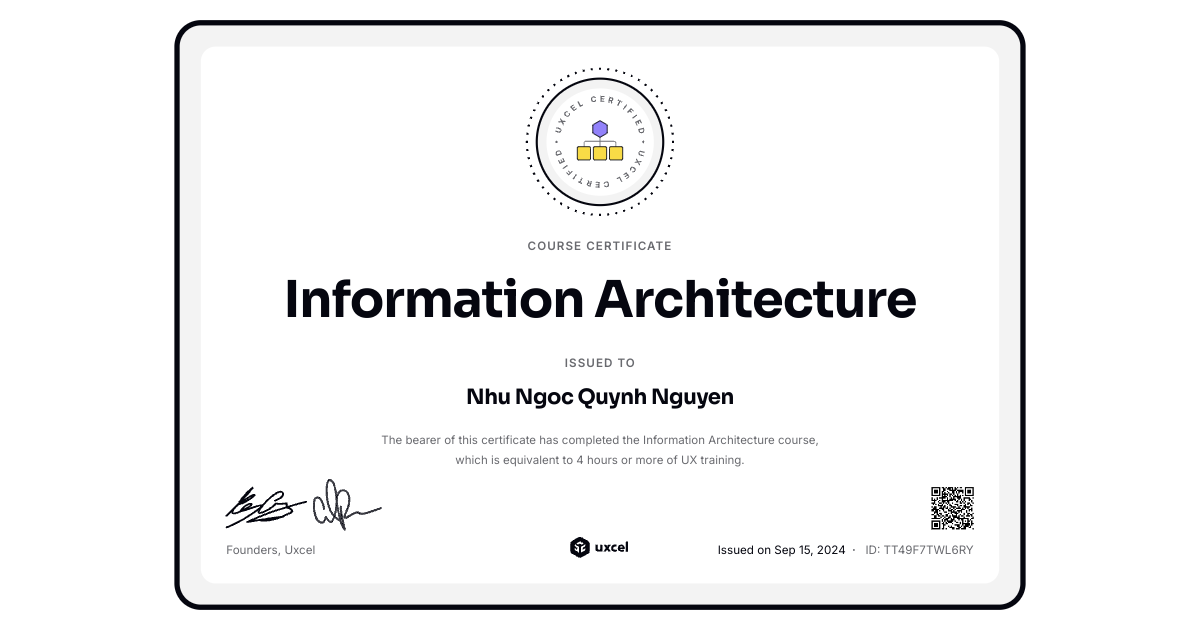Certificate of completion for Information Architecture | Uxcel