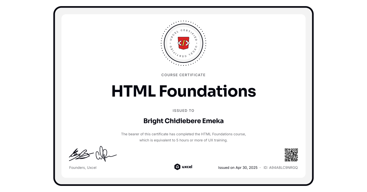 Certificate of completion for HTML Foundations | Uxcel
